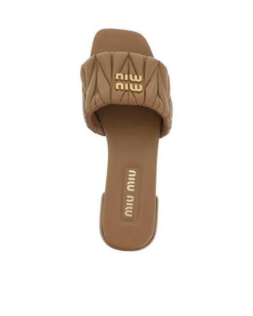 Miu Miu 10Mm Logo-Lettering Matelassé Slides in Brown | Lyst
