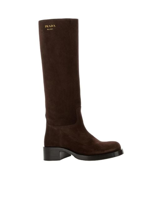 Prada Round-Toe Knee-High Boots in Brown | Lyst