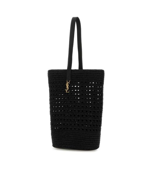 Saint Laurent Woven Raffia Bucket Bag in Black | Lyst