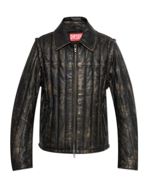 DIESEL Long-Sleeved Leather Jacket in Black for Men | Lyst