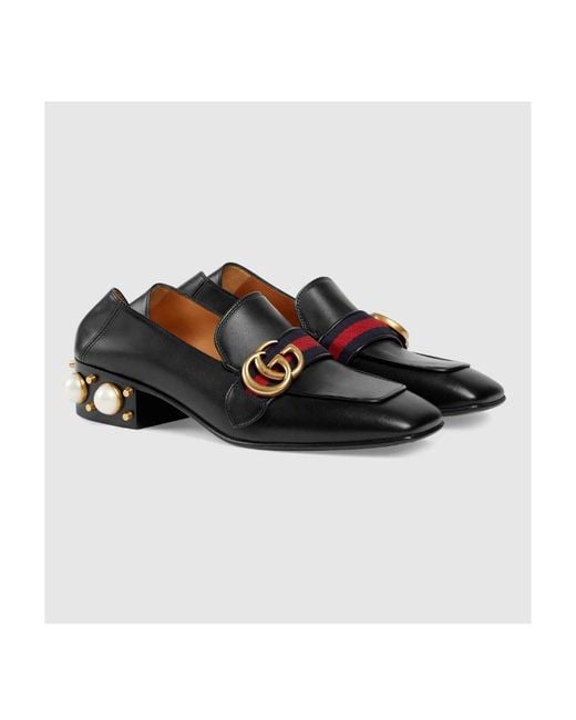 Gucci Mid-Heel Leather Loafer in Black | Lyst