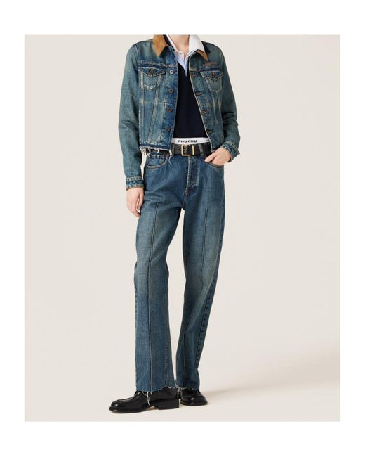 Miu Miu Corduroy-Collar Denim Jacket in Blue | Lyst