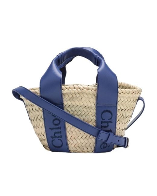 Chloé Sense Mini Raffia Tote Bag in Blue | Lyst