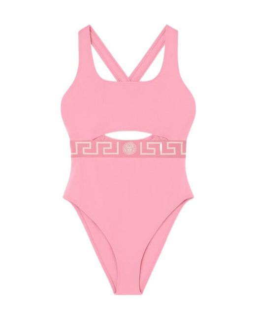 Versace Greca Border Cut-Out One-Piece Swimsuit in Pink | Lyst
