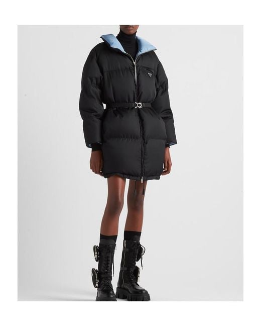 Prada Re-Nylon Belted Puffer Coat in Blue | Lyst