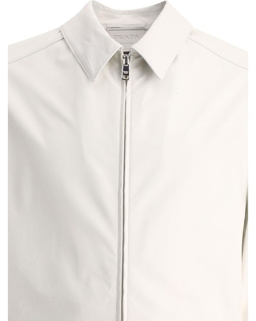 Prada Triangle Logo Leather Jacket in White for Men | Lyst
