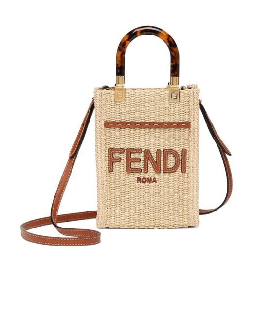 Fendi Mini Sunshine Raffia Tote Bag in Natural | Lyst