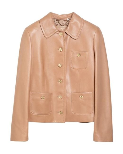 Gucci Logo-Buttons Leather Jacket in Brown | Lyst