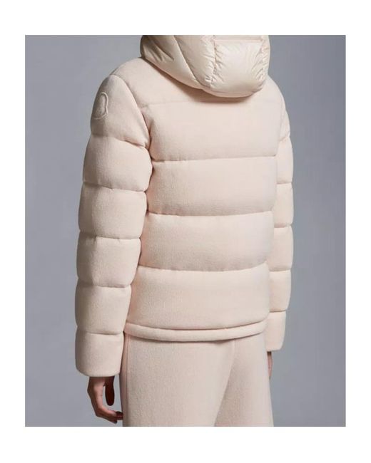 Moncler Logo Sticker Wool Cashmere Down Jacket in Pink | Lyst