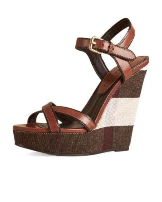 Burberry Check Buckle Wedge Sandals in Brown | Lyst