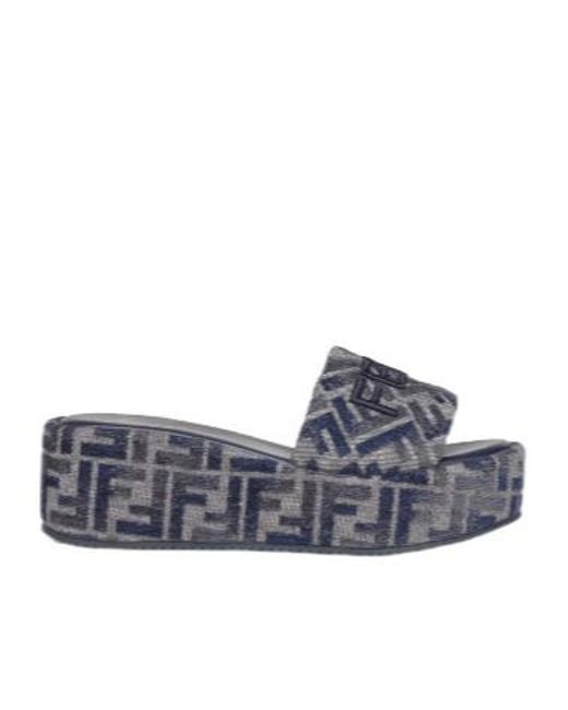 Fendi Ff Denim Flatform Slides in Gray | Lyst