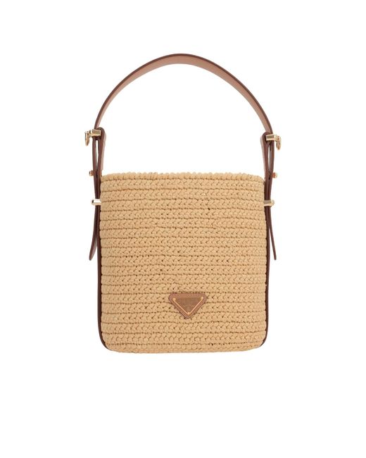 Prada Triangle-Logo Raffia Mini Bag in White | Lyst