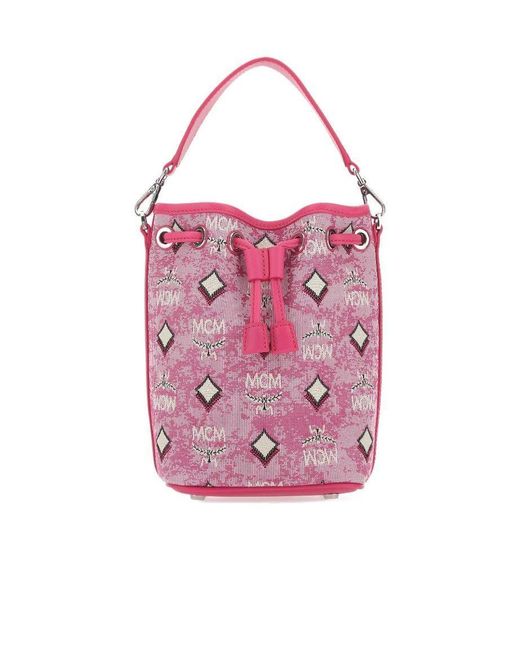 MCM Logo Embroidered Bucket Bag in Pink | Lyst