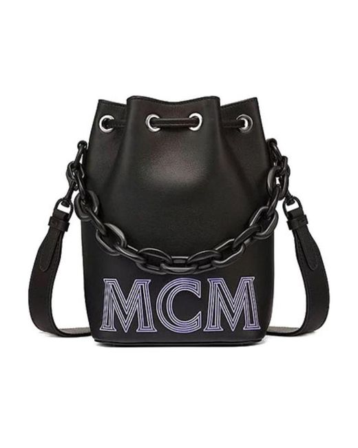 MCM Mini Logo-Print Drawstring Bucket Bag in Black | Lyst