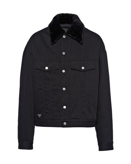 Prada Shearling-Collar Padded Denim Jacket in Black for Men | Lyst