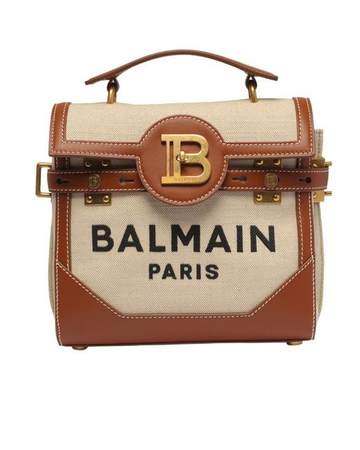 Balmain Logo Plaque Top Handle Bag in Brown | Lyst