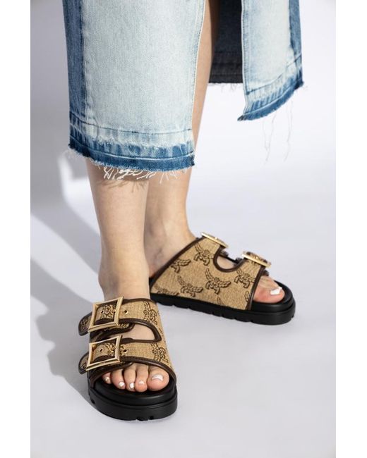 MCM Jacquard Buckle-Fastening Sandals in Brown | Lyst