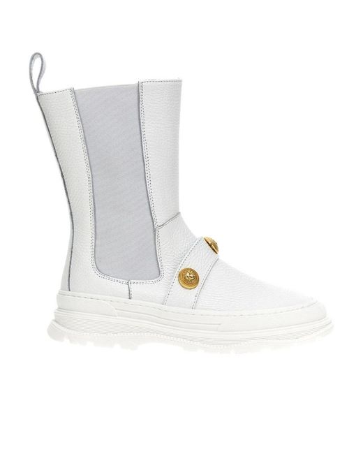 Balmain Studded Leather Boots in White | Lyst