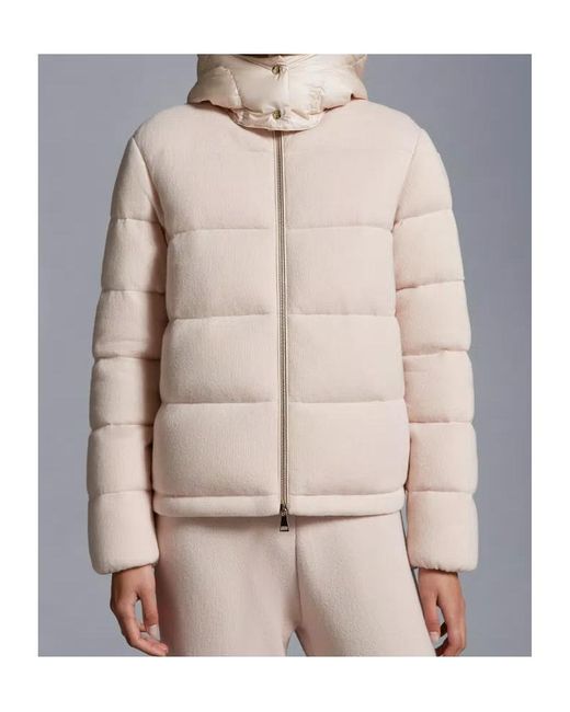 Moncler Logo Sticker Wool Cashmere Down Jacket in Pink | Lyst