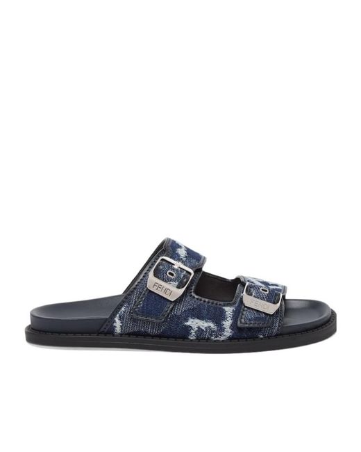 Fendi Feel Double-Buckle Denim Slides in Blue for Men | Lyst