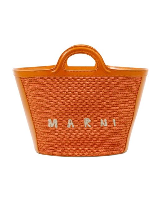 Marni Logo-Embroidery Raffia Tote in Orange | Lyst