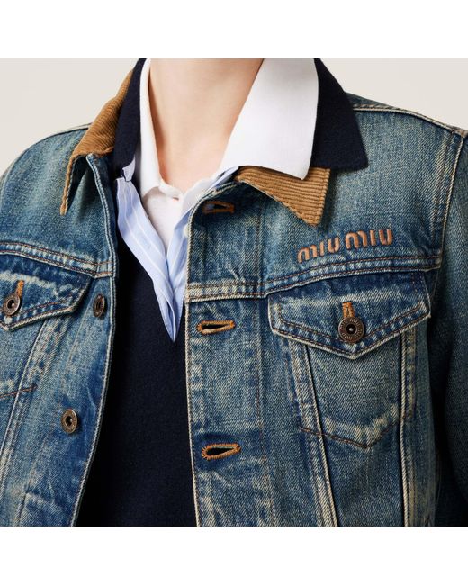 Miu Miu Corduroy-Collar Denim Jacket in Blue | Lyst