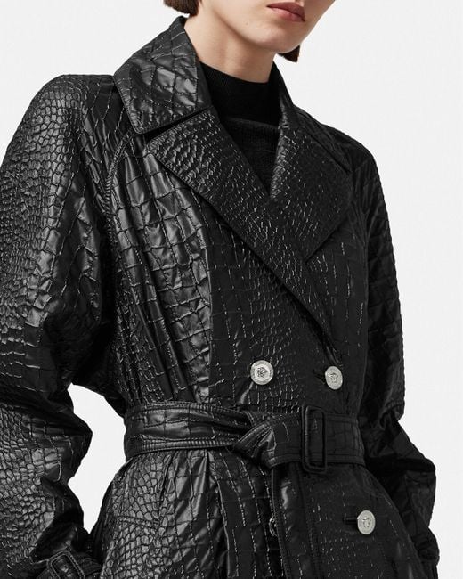 Versace Embossed-Crocodile Laminated Trench Coat in Black | Lyst