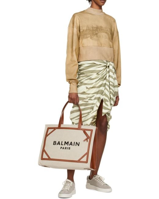 Balmain B-Army 42 Canvas Tote Bag With Leather Details in Natural | Lyst
