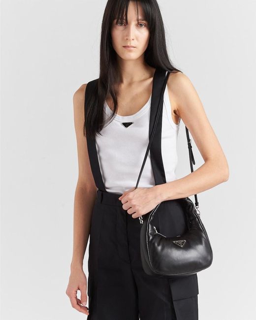 Prada Enamel Triangle-Logo Leather Shoulder Bag in Black | Lyst
