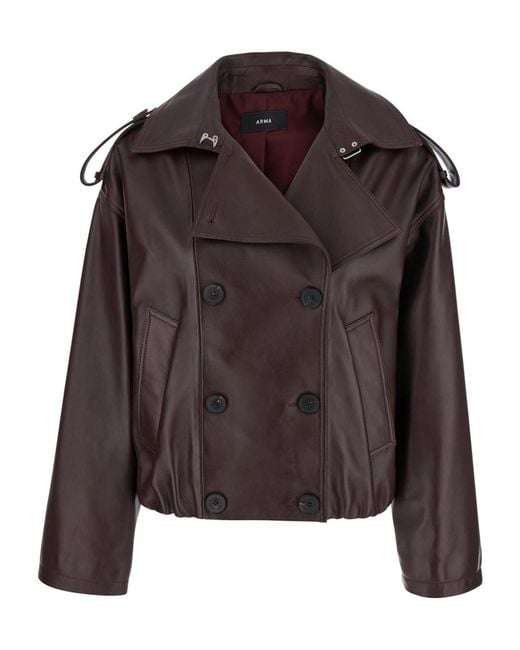 Arma Double-Breasted Leather Jacket in Brown | Lyst