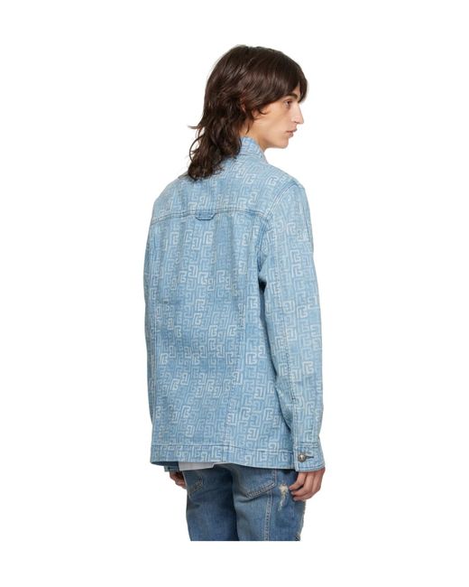 Balmain Full Body Logo Pattern Denim Coat in Blue for Men | Lyst