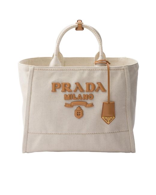 Prada Logo-Appliqué Large Top Handle Bag in Natural | Lyst