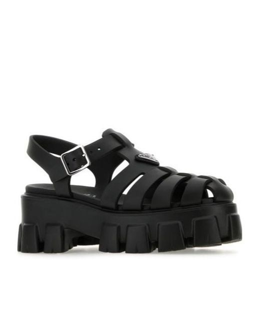 Prada Logo Platform Sandals in Black | Lyst