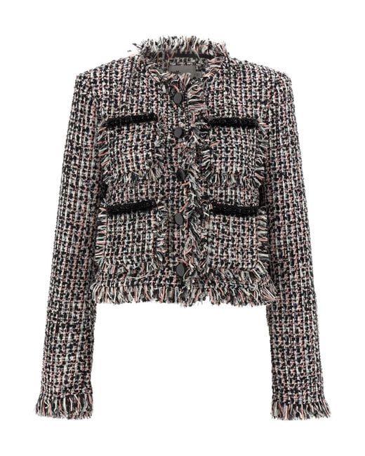 Self-Portrait Frayed Tweed Jacket in Gray | Lyst