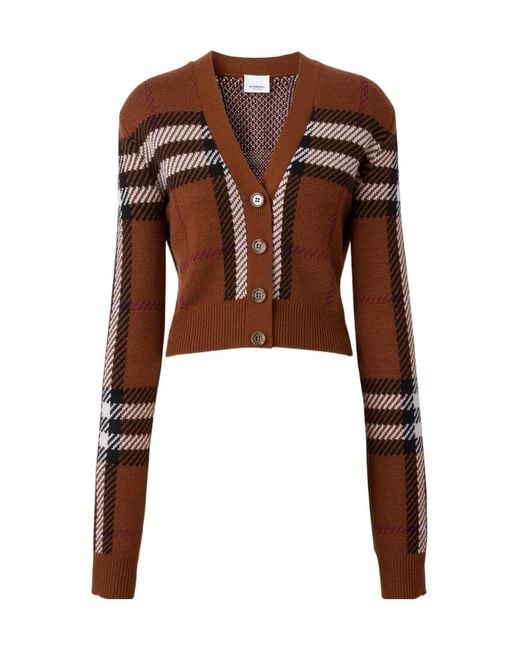 Burberry Check Wool Jacquard Cropped Cardigan in Brown | Lyst