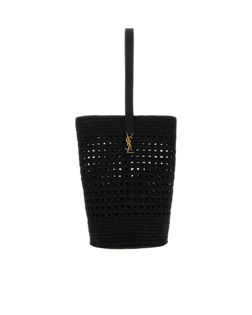 Saint Laurent Woven Raffia Bucket Bag in Black | Lyst
