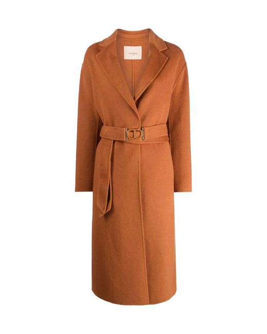 Twin Set Logo-Plaque Belted Coat in Brown | Lyst
