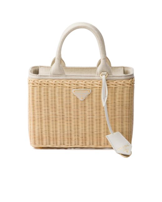 Prada Medium Woven Fabric And Linen Blend Tote Bag in Natural | Lyst