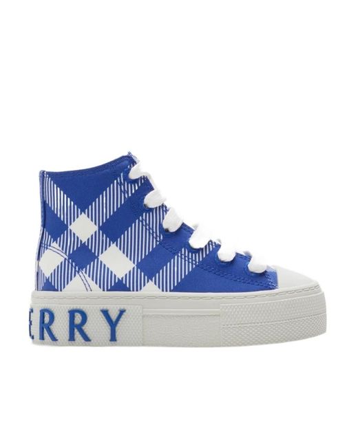 Burberry Checked Cotton High-Top Sneakers in Blue | Lyst