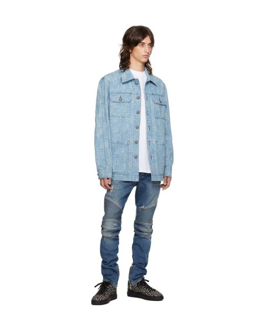 Balmain Full Body Logo Pattern Denim Coat in Blue for Men | Lyst