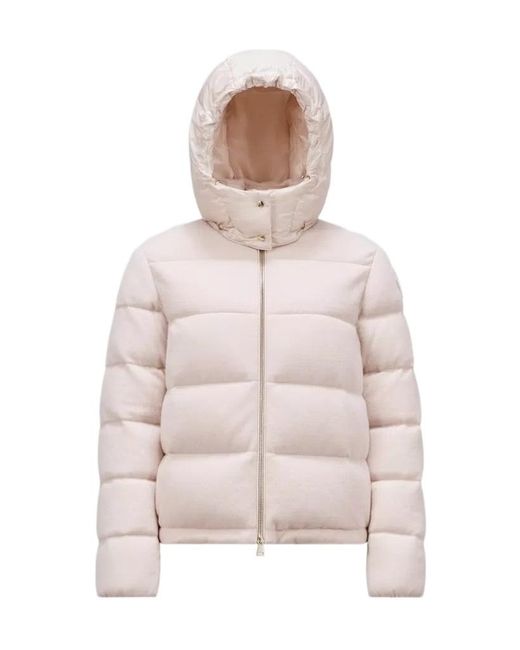 Moncler Logo Sticker Wool Cashmere Down Jacket in Pink | Lyst