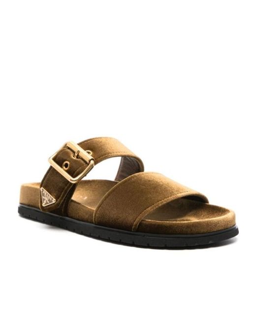 Prada Enamel Triangle-Logo Slides in Brown | Lyst