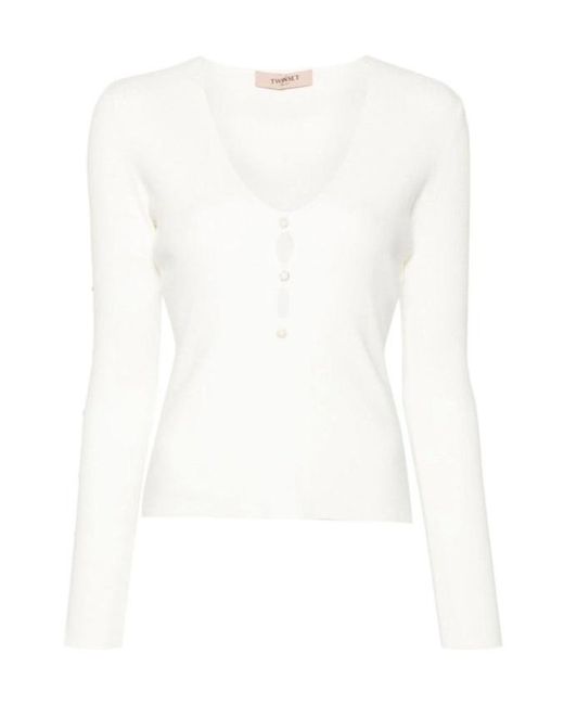 Twin Set Cut-Out Ribbed Top in White | Lyst