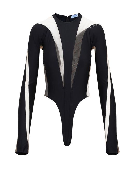 Mugler Illusion Sheer-Panel Bodysuit in Blue | Lyst