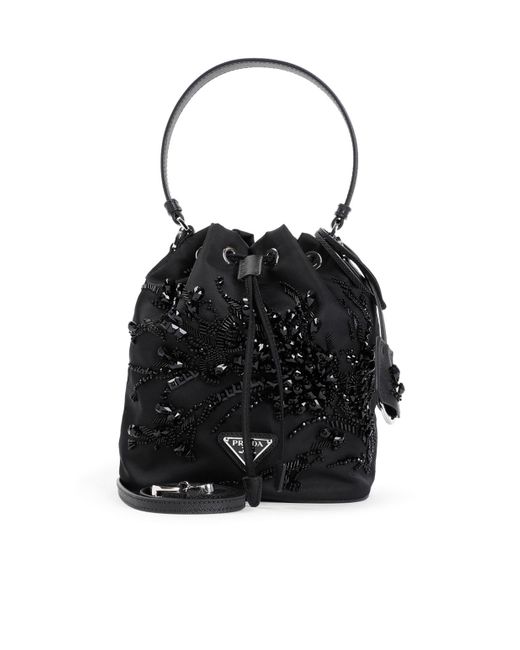 Prada Re-Nylon Logo Plaque Bucket Bag in Black | Lyst