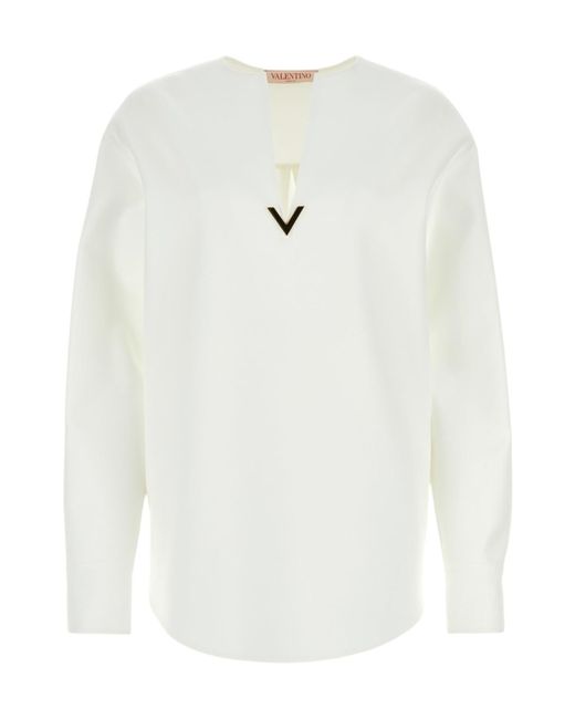 Valentino Logo Plaque V-Neck Top in White | Lyst