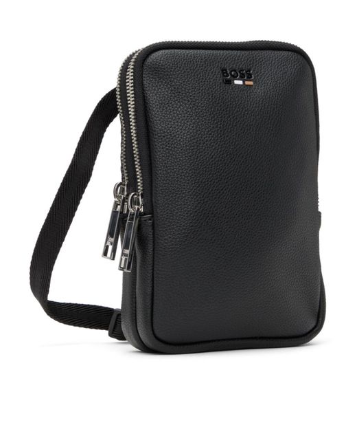 BOSS Debossed-Logo Leather Messenger Bag in Black for Men | Lyst