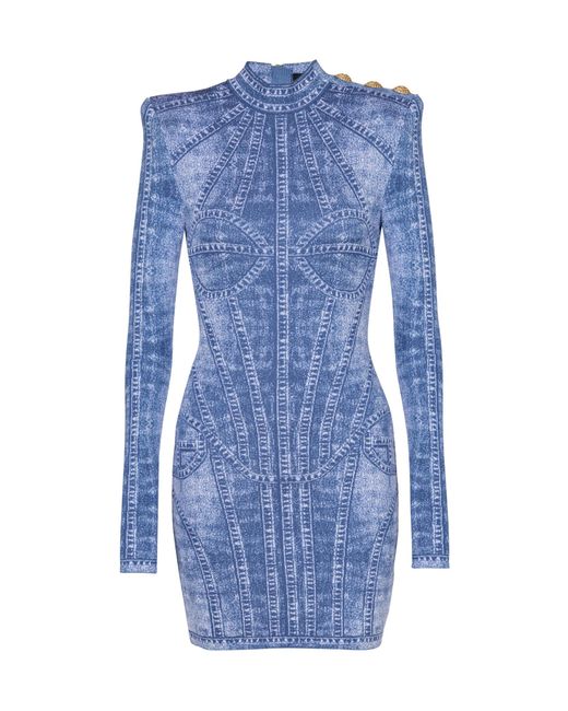 Balmain Jacquard Denim-Effect Mini Dress in Blue | Lyst