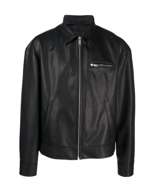 Prada Triangle-Logo Leather Bomber Jacket in Black for Men | Lyst