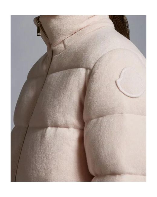Moncler Logo Sticker Wool Cashmere Down Jacket in Pink | Lyst